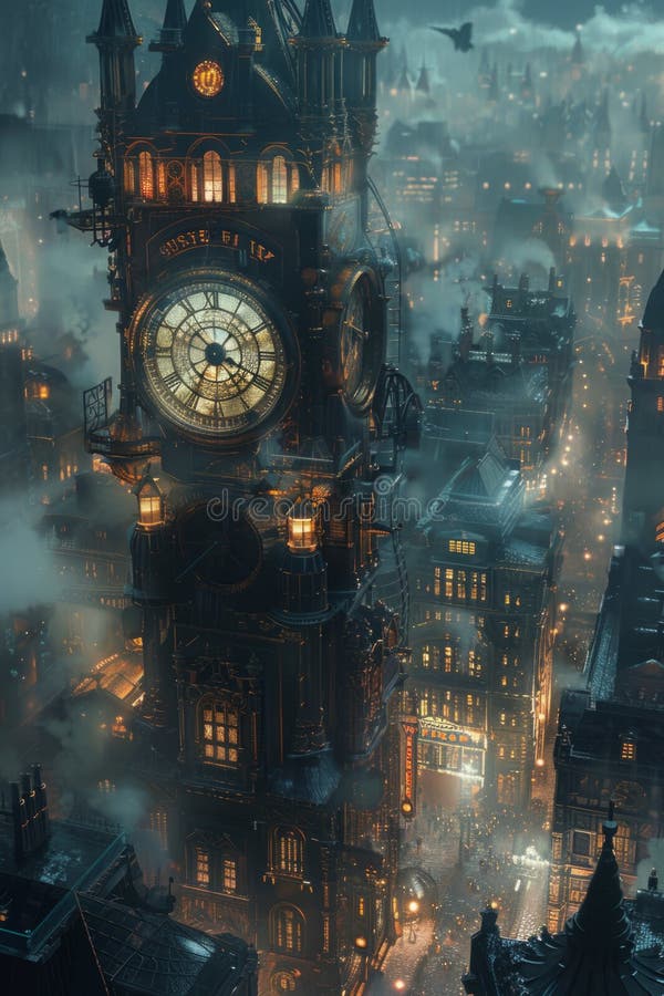 Steampunk Cityscape, Victorian-era Cityscape with Intricate Clockwork ...