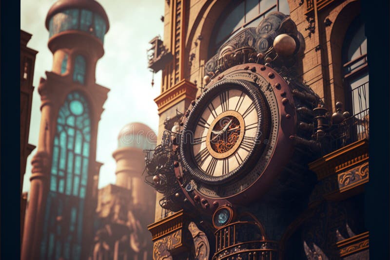 Steampunk Clock City Landscape, Generative Ai Stock Illustration ...