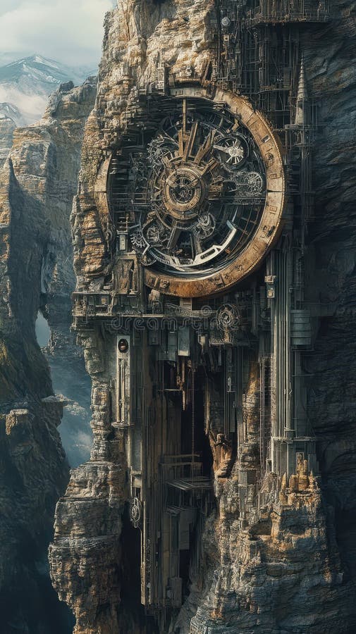 Steampunk Clock Embedded in Mountain Cliff Stock Photo - Image of style ...