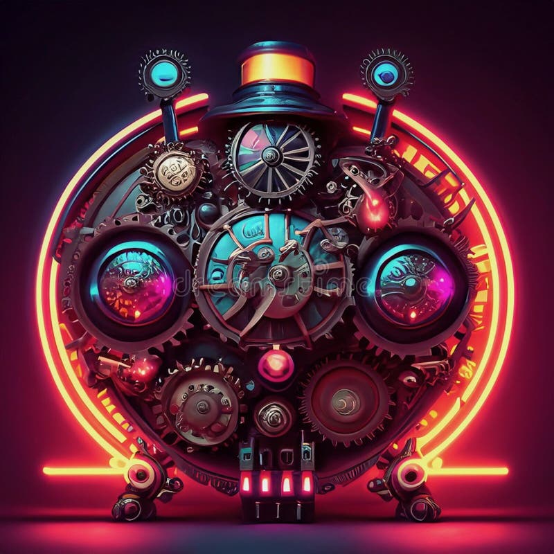 Steampunk Clock with Neon Lighting Stock Image - Image of suitable ...