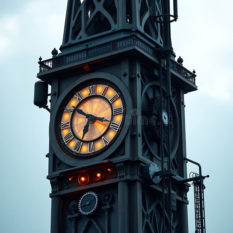 A Steampunk Clock Tower with Exposed Gears and Glowing Lights Stock ...