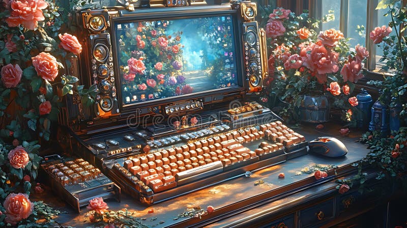 Steampunk Computer Roses Garden Room Sunlight Desktop Stock ...