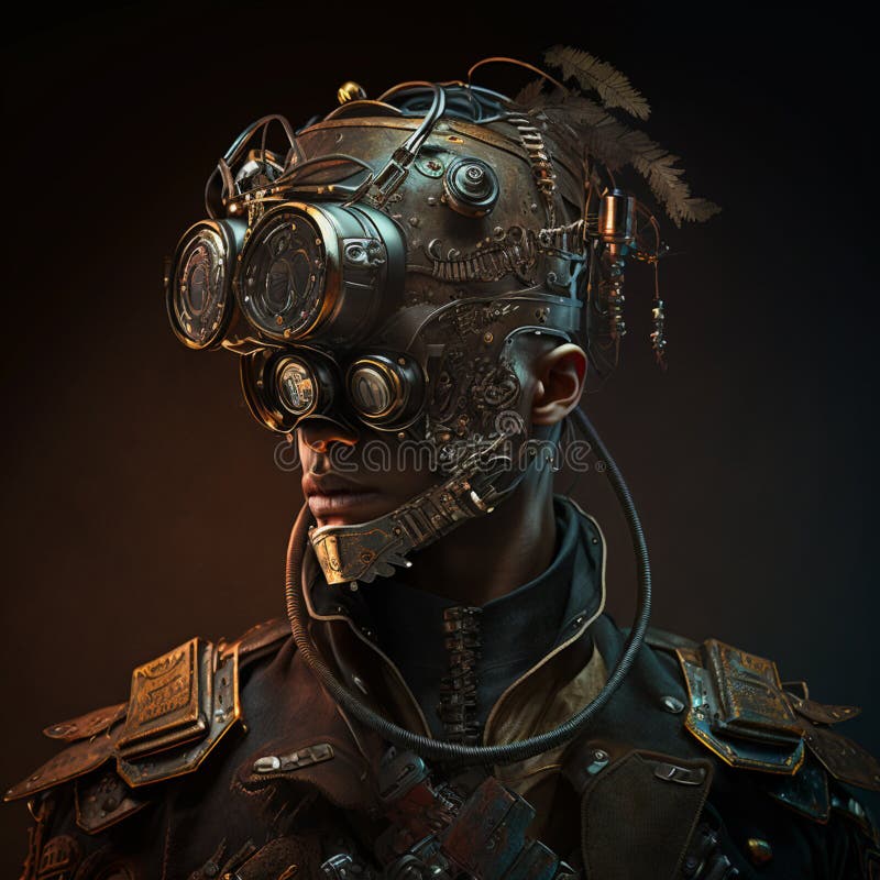 A Steampunk Cyborg Dons a VR Helmet Against a Dark Backdrop. AI Stock ...