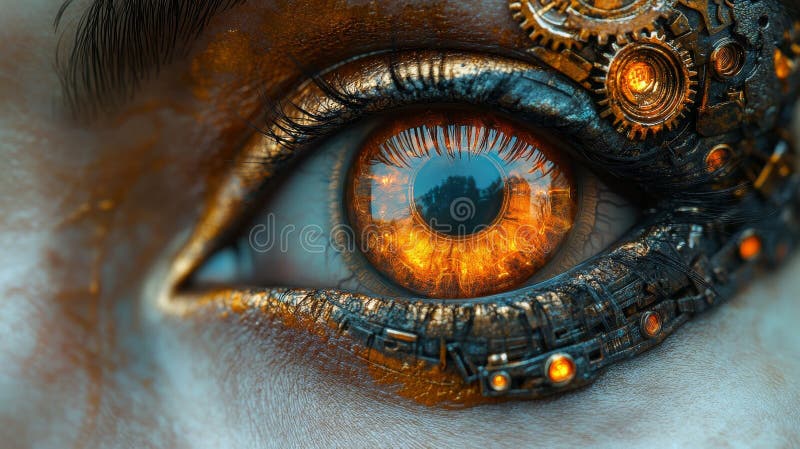 Steampunk Cyborg Eye with Gears and Fiery Glow Stock Image - Image of ...