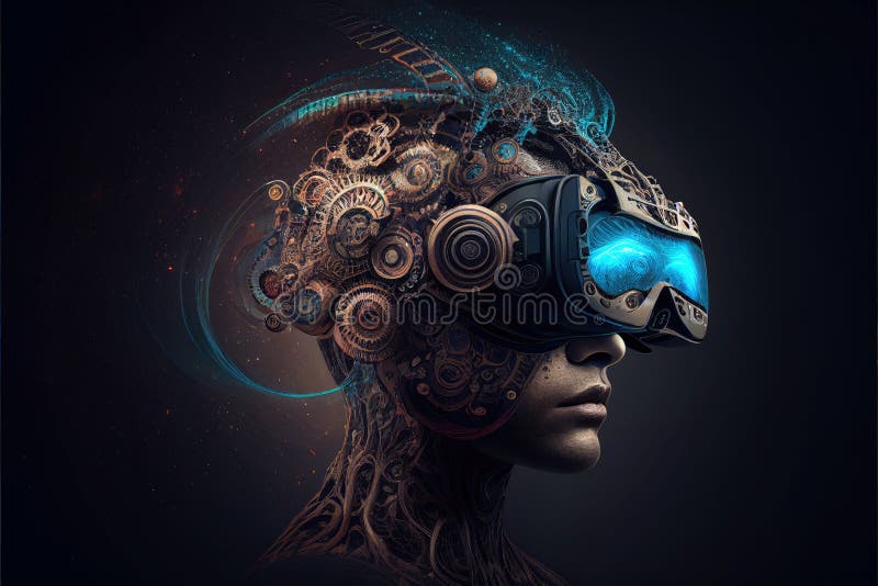 Steampunk Cyborg Wearing Vr Helmet on Dark Background. Virtual ...