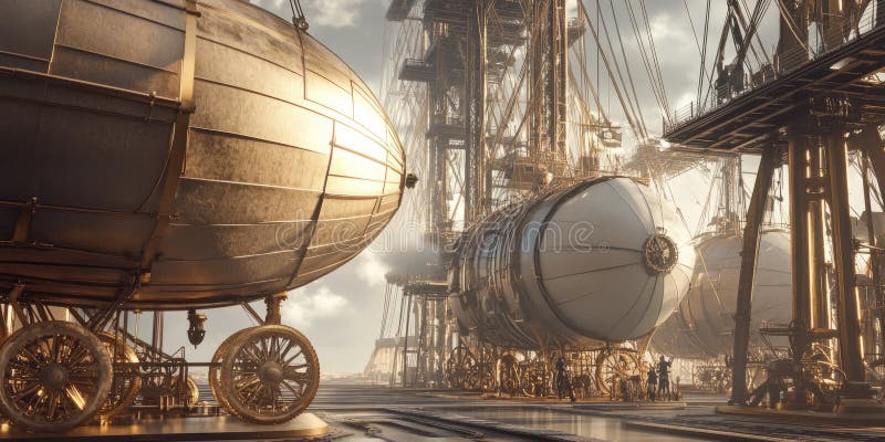 A Steampunk 3D Background of a Grand Airship Dock, Where Massive ...