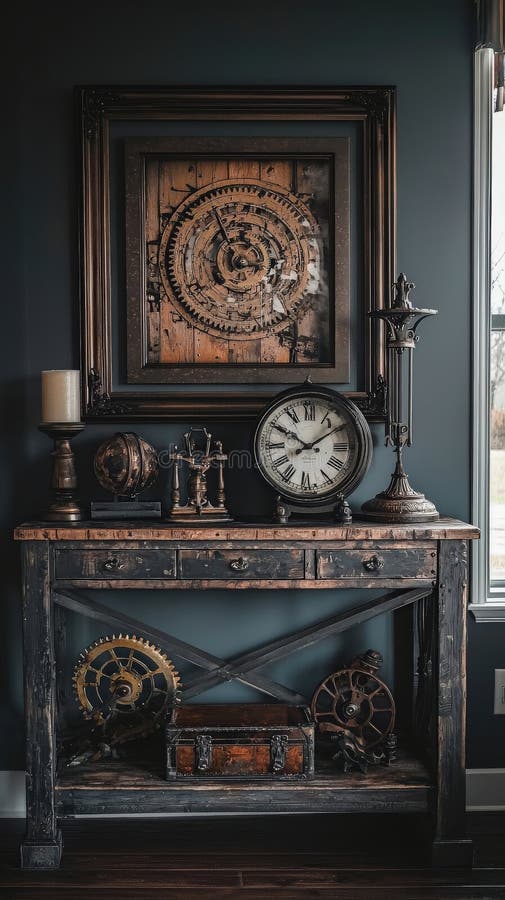 Steampunk Decor Vintage Clock, Gears, and Industrial Console Table ...