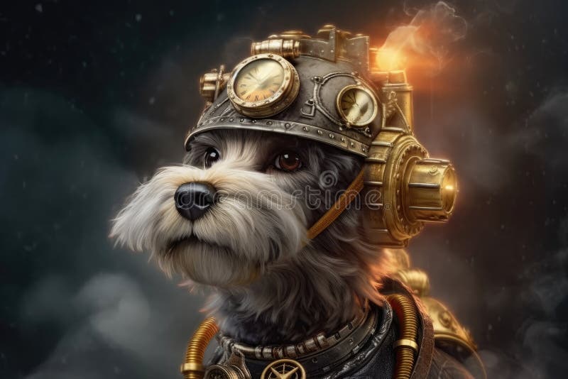 Steampunk Dog on Smoky Grey Background. Generative AI Stock ...