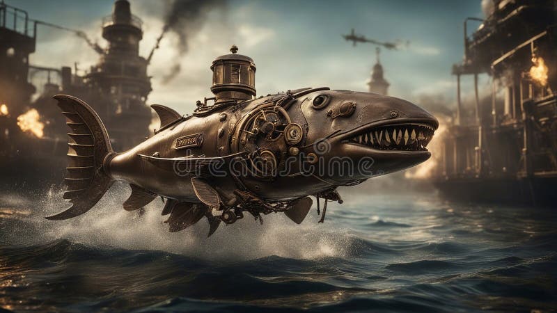 A Dynamic Scene of a Steampunk Tuna Fish, with Wires, Propellers, and ...