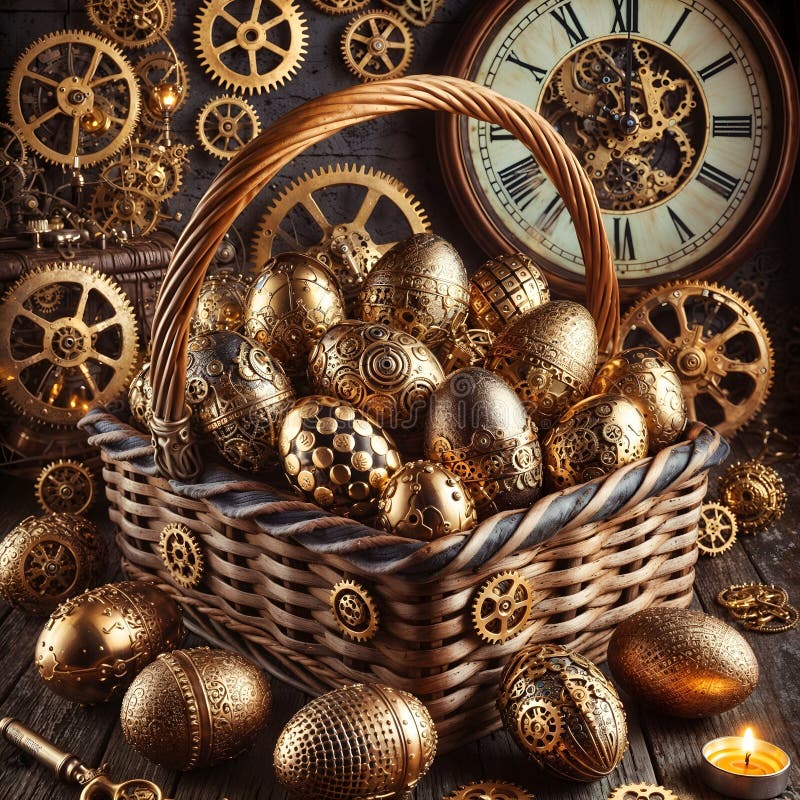 Steampunk Easter Basket with Metallic Golden Eggs and Gears Stock Photo - Image of steampunk ...