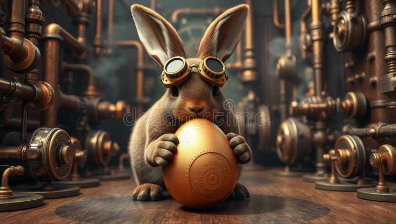 Steampunk Easter Bunny with Mechanical Ears and Gear-adorned Egg Stock ...