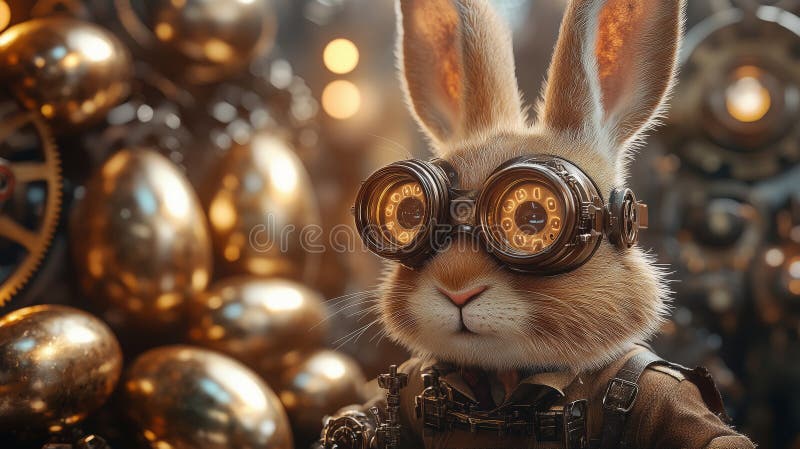 Steampunk Easter Rabbit, Wearing Goggles, among Golden Eggs in a Fantastical Workshop Setting ...