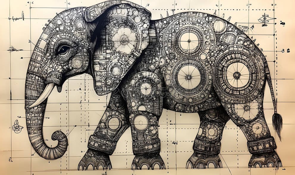 Mechanical Elephant Blueprint Stock Illustration - Illustration of sketch, animal: 388096596