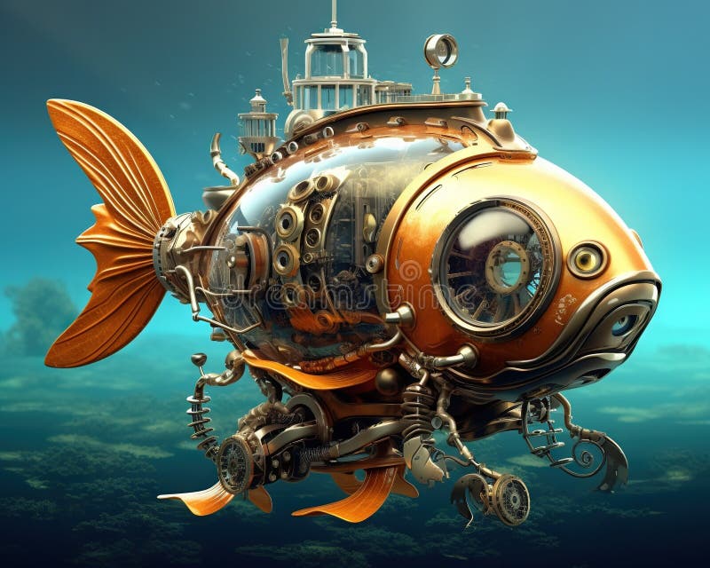 Steampunk Fish Shaped Submarine with a Fish Inside. Stock Illustration ...