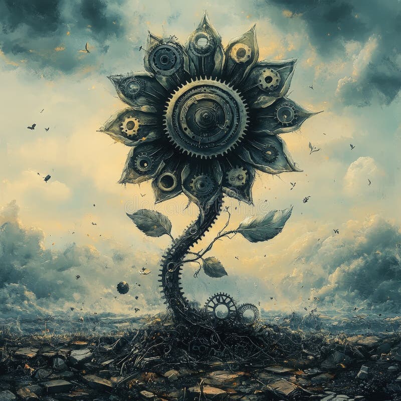 Steampunk Flower with Cogs in a Dramatic Landscape Stock Photo - Image ...