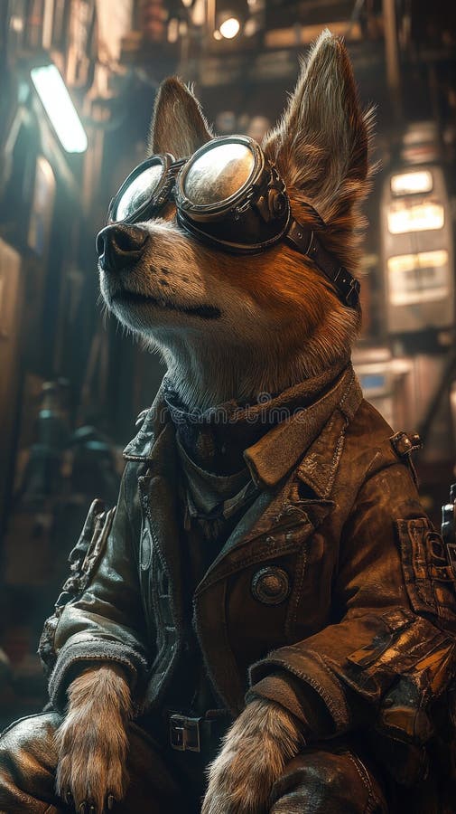 Steampunk Fox in Goggles and Leather Jacket in Workshop Environment ...