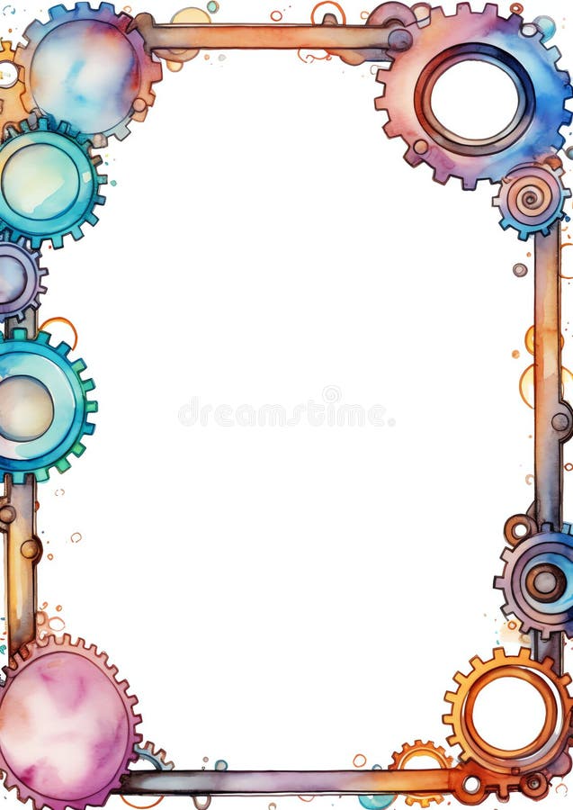 Steampunk Gear Frame Watercolor Border on White Background Stock ...