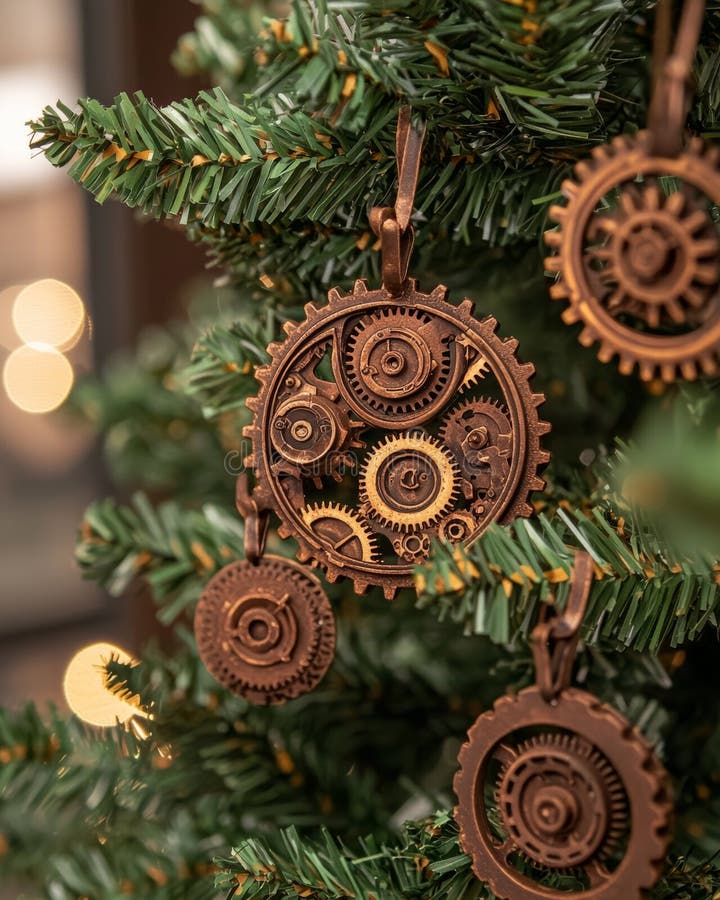 Steampunk Gear Ornaments on a Snow-dusted Pine Tree. Stock Photo ...