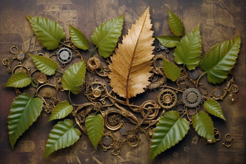 Steampunk Gears Combined with Nature Elements Vines, Leaves Stock Photo ...