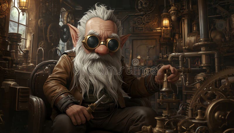 Steampunk Gnome Inventor in Workshop Stock Illustration - Illustration ...