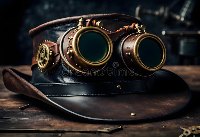 Steampunk Goggles on Dark Leather Hat Stock Illustration - Illustration ...