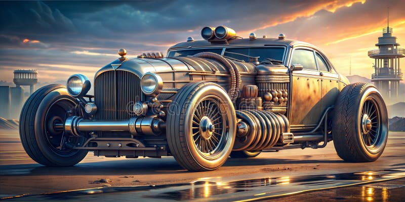 Steampunk Hot Rod Car with Exposed Engine and Large Wheels on Stadium ...