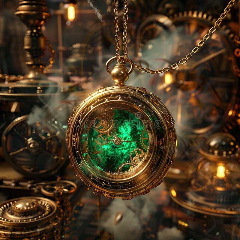 Steampunk Infinity Gear Locket, Emitting a Warm Golden and Emerald Glow ...