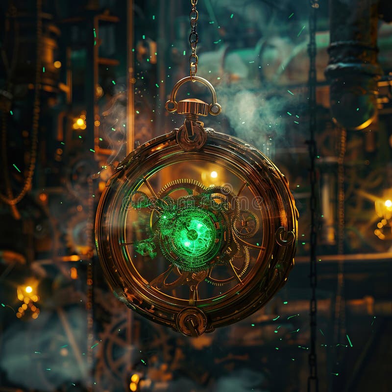 Steampunk Infinity Gear Locket, Emitting a Warm Golden and Emerald Glow ...