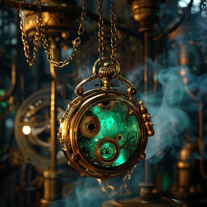 Steampunk Infinity Gear Locket, Emitting a Warm Golden and Emerald Glow ...