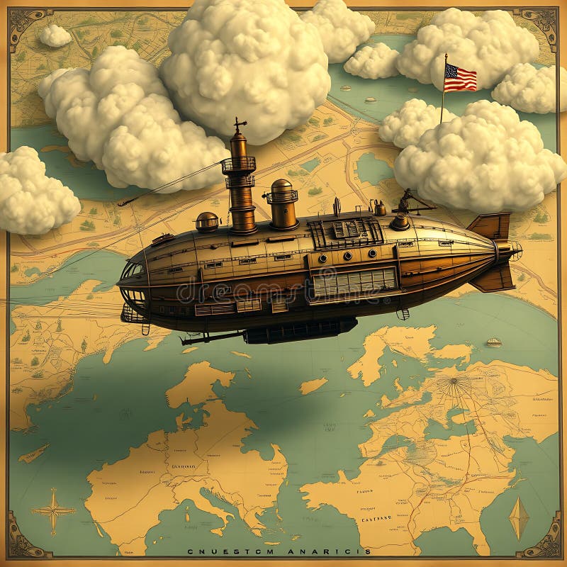 A Steampunk Inspired Airship Floating Over a Detailed Map Stock ...