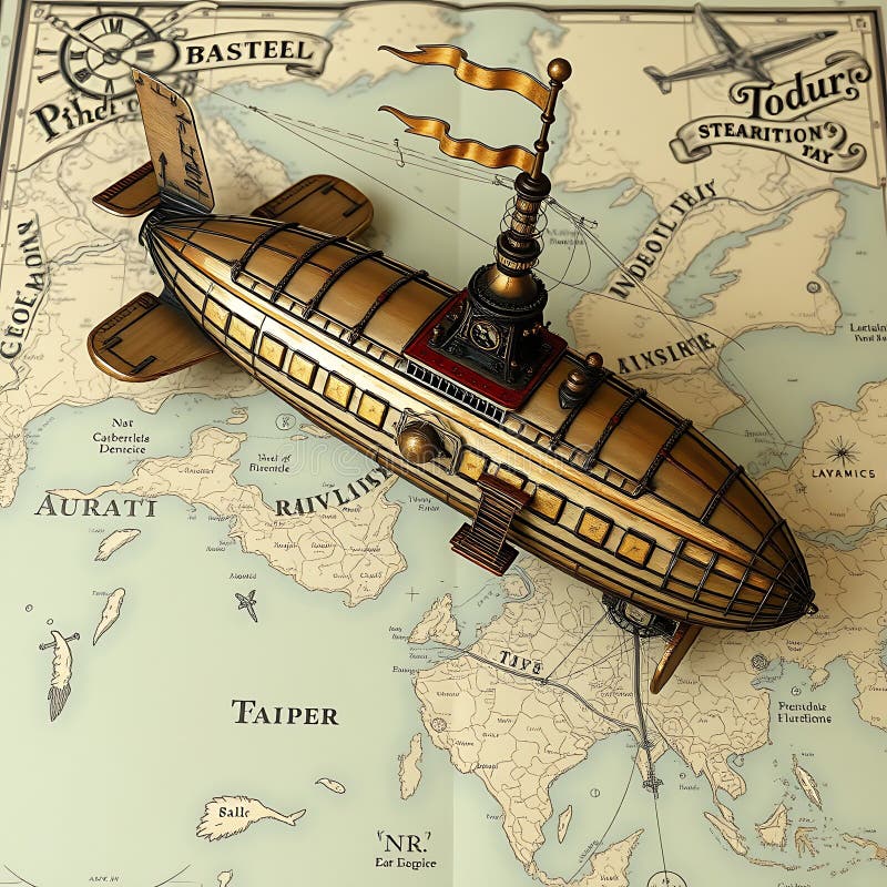 A Steampunk Inspired Airship Floating Over a Detailed Map Stock ...