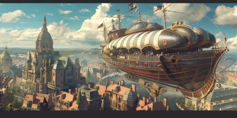 A Steampunk-inspired Airship with Omega Emblems on Its Sails Generated ...