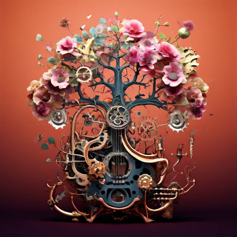 Steampunk-inspired Mechanical Tree with Flowers and Gears Stock Image ...