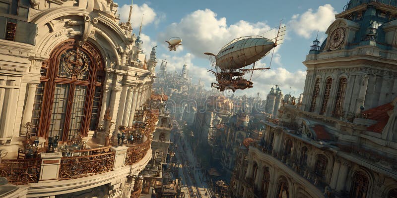 A Steampunk-Inspired City with Airships and Clockwork Structures for ...