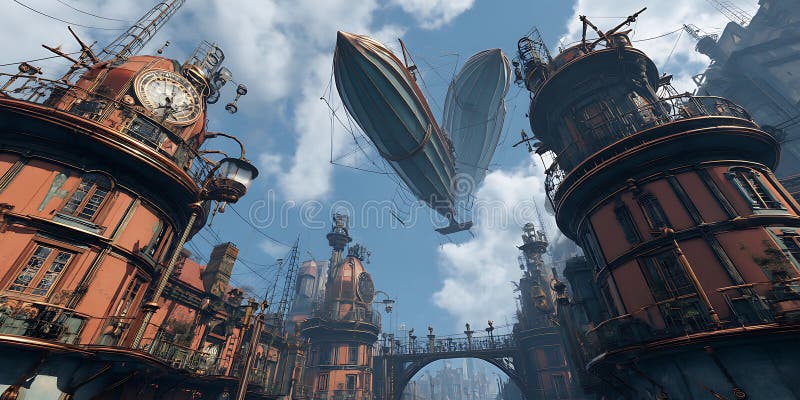 A Steampunk-Inspired City with Airships and Clockwork Structures for ...