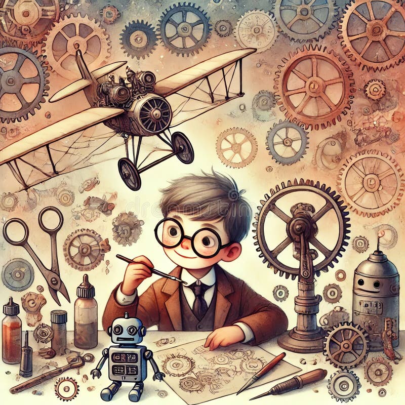 Steampunk-Inspired Young Inventor Creating Mechanical Designs Stock ...