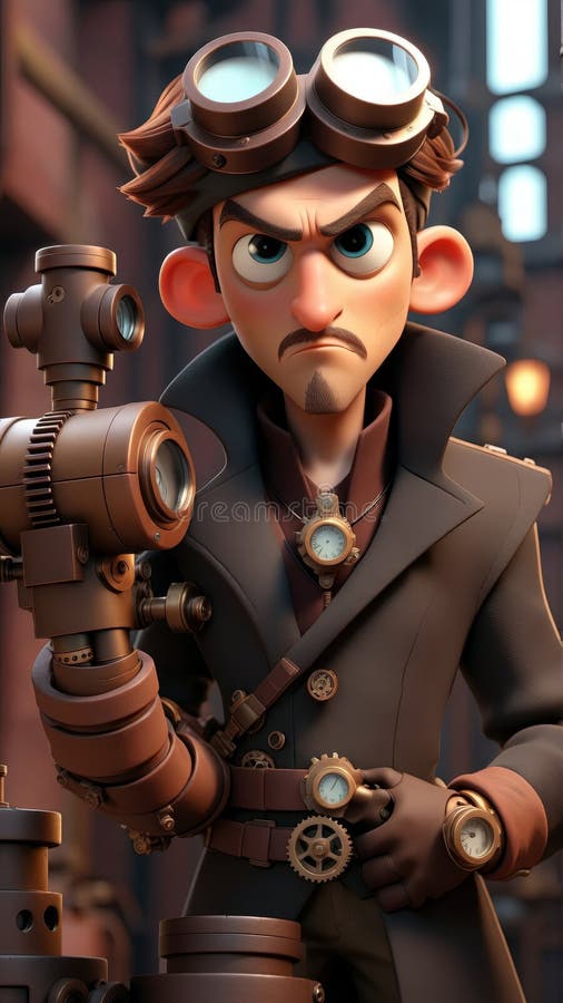 Steampunk Inventor in Goggles and Gearwork Suit within Industrial ...