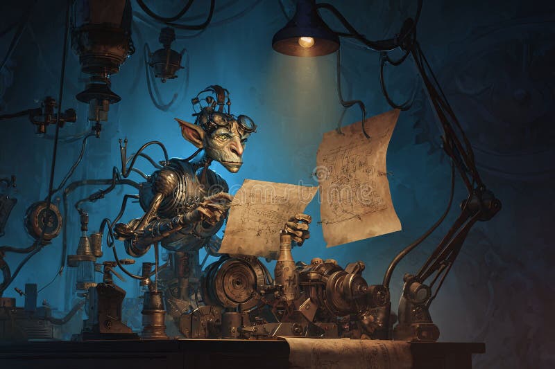 Steampunk Inventor Studying Blueprints. a Unique Fantasy Character in a Workshop Setting ...