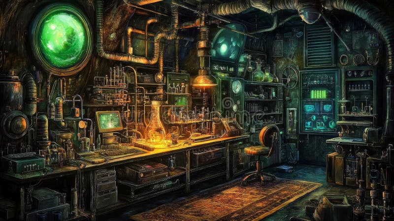 Steampunk Laboratory with Glowing Liquid, Pipes, Tools Stock ...