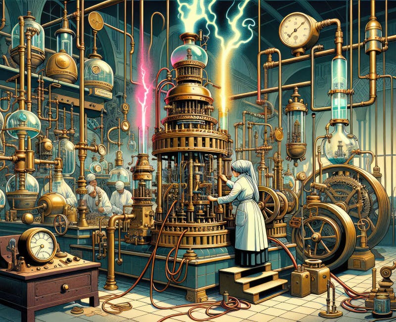 Steampunk Laboratory with Scientists and Intricate Machinery Stock Illustration - Illustration ...