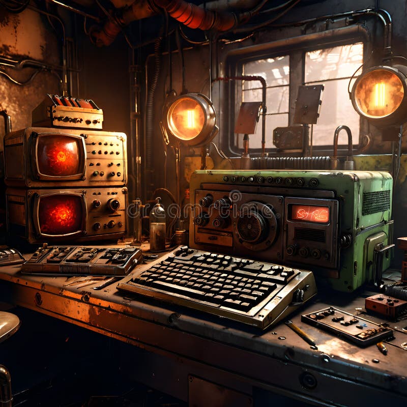Steampunk Laboratory with Vintage Computer and Communication Gear Stock ...