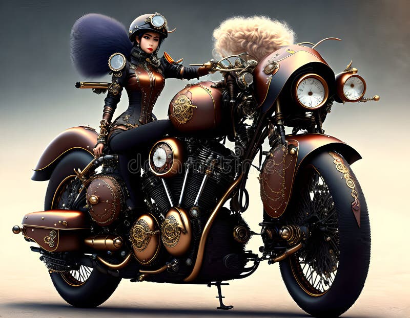 Steampunk Lady Riding on Motorbike.AI Stock Illustration - Illustration ...