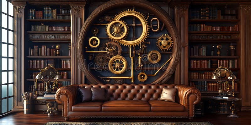 Steampunk Library with Leather Sofa and Grand Clock Stock Illustration ...