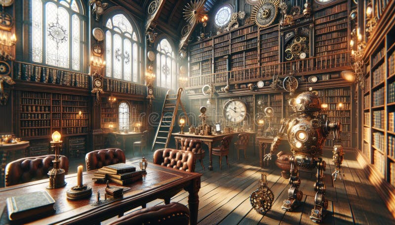 Steampunk Library with Robot Stock Illustration - Illustration of books ...