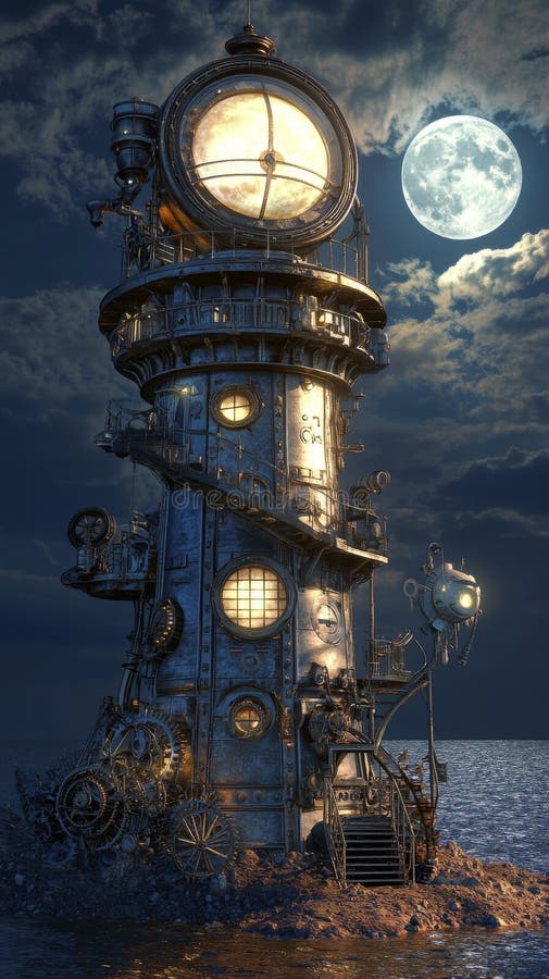 Steampunk Lighthouse with Illuminated Clock at Night Stock Photo ...