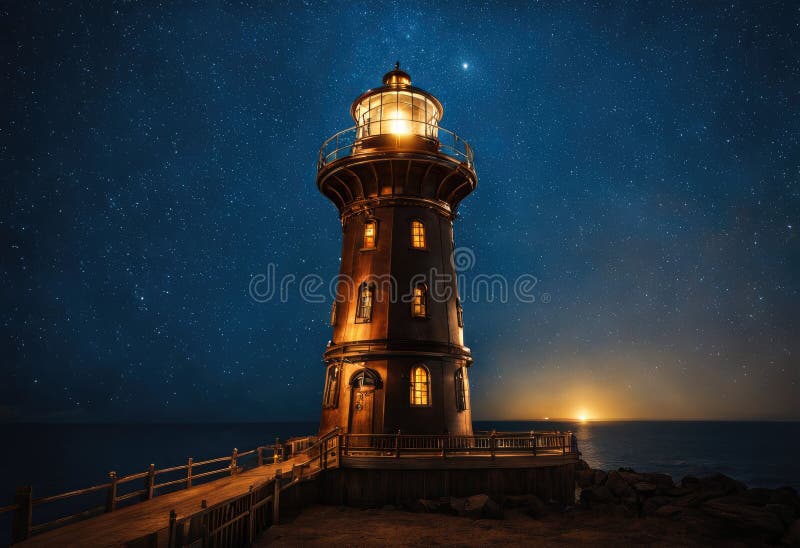A Steampunk Lighthouse Illuminating the Night Sky. Stock Illustration ...