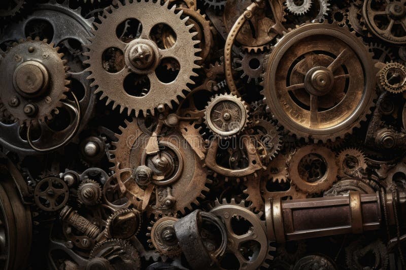 Steampunk Machine with an Array of Gears in Brass and Silver, Set ...