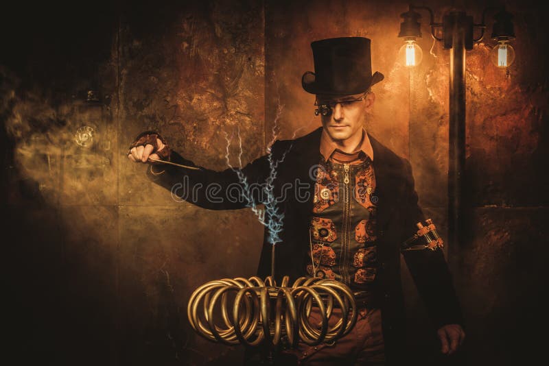 Steampunk Man with Tesla Coil on Vintage Steampunk Background Stock ...