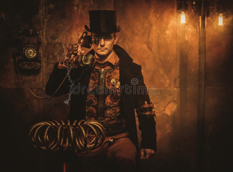 Steampunk-Mann Mit Tesla-Spule Auf Weinlese Steampunk Hintergrund ...