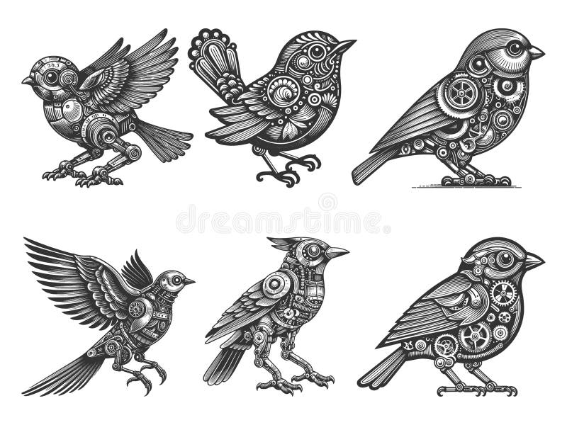 Steampunk Mechanical Birds Vector Collection Stock Illustrations – 3 ...